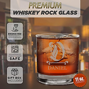 Personalized Monogram Engraved Bourbon Whiskey Rocks Glass 11 oz, Custom Drinking Gift with Initial and Name for Him, Her