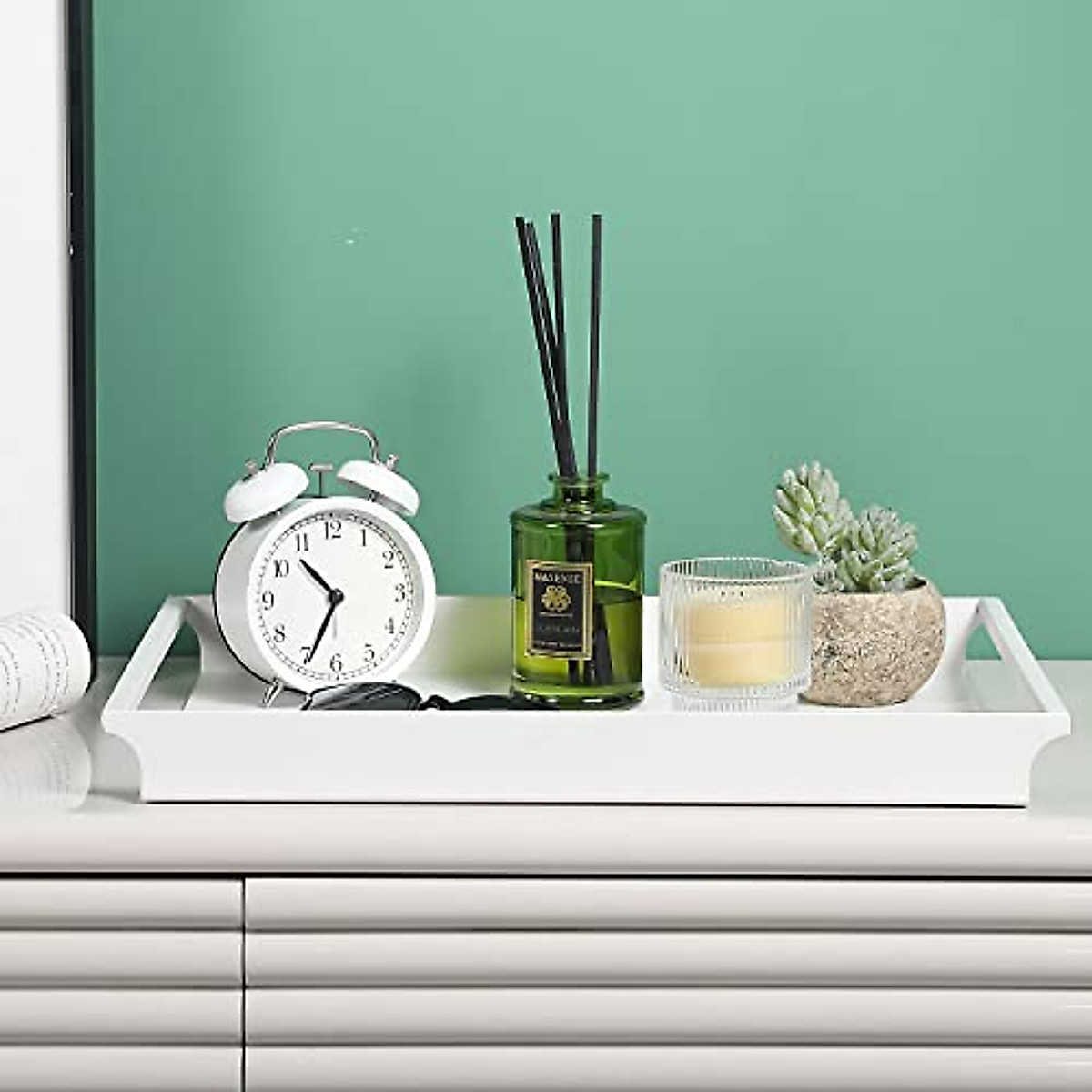 MyGift Decorative Serving Tray, Modern Matte White Metal Rectangle Ottoman Coffee Table Tray with Sleek Rounded Cutout Side Handles