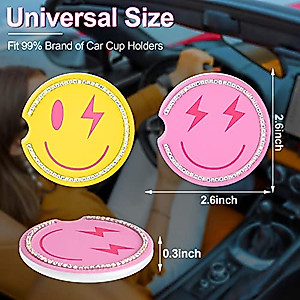 4 Pcs Preppy Car Cup Holder Coasters Pink Bling Car Coasters with Finger Notch Ceramic Cork Base Cute Car Drink Coasters Aesthetic Car Auto Accessories for Women Girl College Student Anti Slip