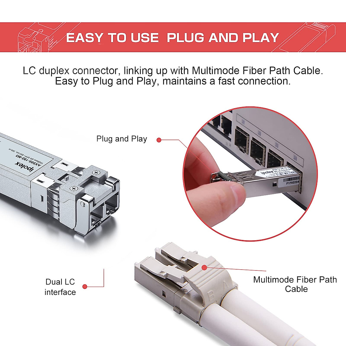 10GBase-SR SFP+ Transceiver 10Gb 850nm Multimode LC SFP Module for Intel E10GSFPSRX, Juniper QFX-SFP-10GE-SR/EX-SFP-10GE-SR, Ubiquiti UniFi UF-MM-10G, Mikrotik, Fortinet, Netgear(MMF, 300m)