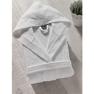 Classic Turkish Towels CTT - 100% Turkish Cotton Terry Cloth Hooded Bath Robe for Women & Men, 450 GSM Soft & Plush Long Robe | White (Medium - Large)