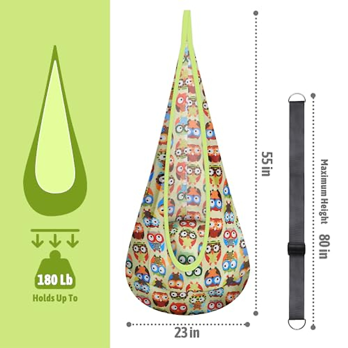 GARIG Pod Swing for Kids, Hanging Pod Swing Seat with Inflatable Pillow, Cartoon Pattern Kids Hammock Swing Chair for Indoor and Outdoor, Max Weight 180lbs (Kit, Owl)