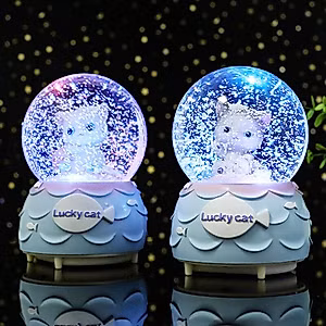 Yuehuam Cute Cartoon Cat Globe Ball Music Box with LED Light Color Changing Snow Globes with Resin Base Novelty Ornament Gift for Christmas Birthday Valentines Day Women Mom Daughter, 1Pc