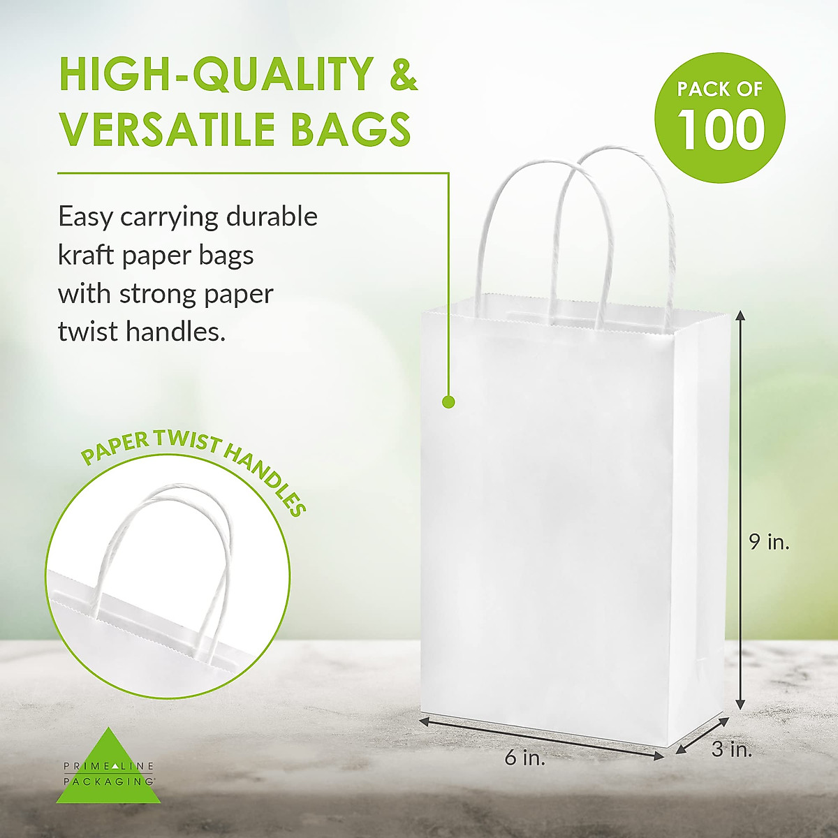 Prime Line Packaging Mini White Gift Bags with Twisted Handles, Small Business Shopping Tote, Boutique, Merchandise, Party Favor, Bulk, 6x3x9 100 Pack