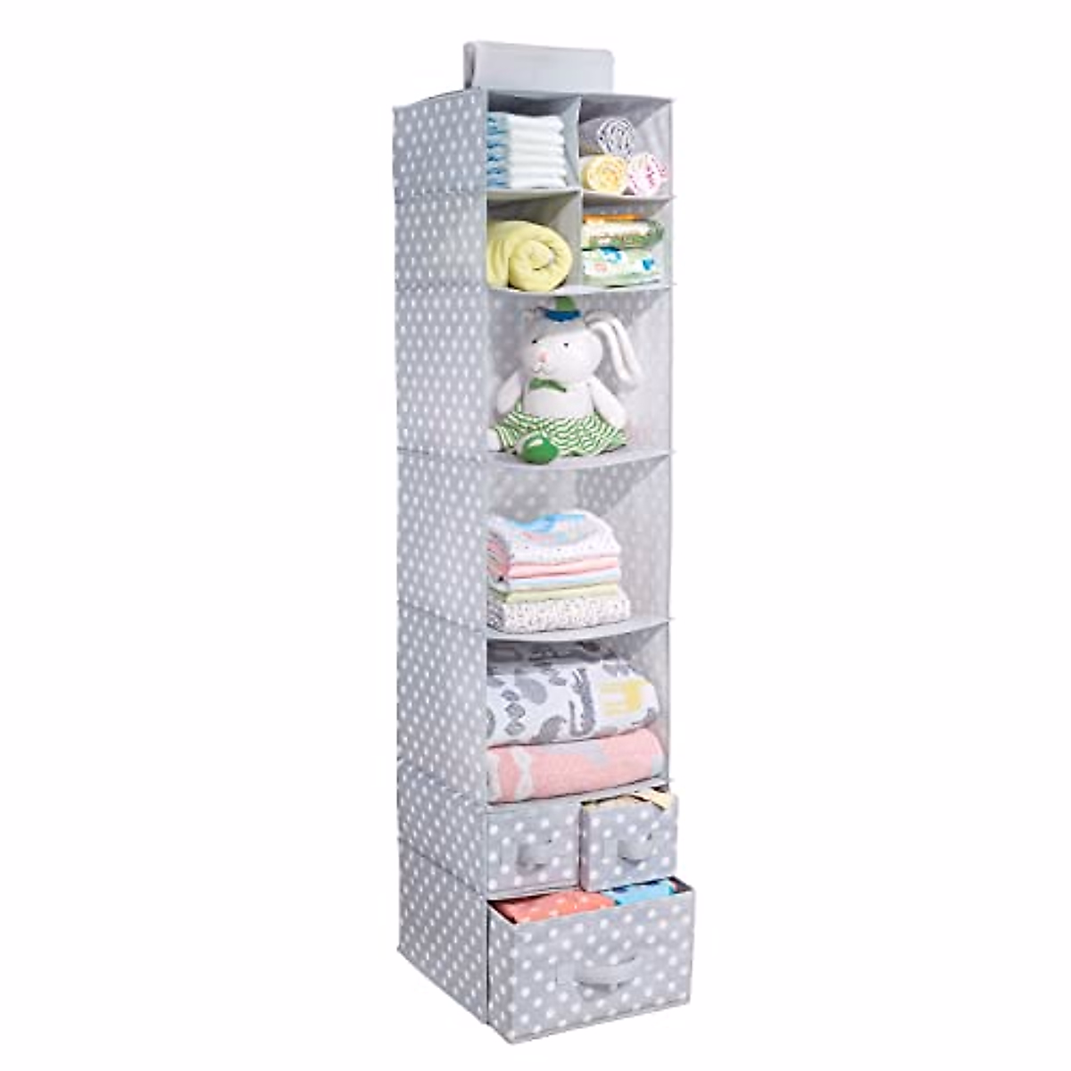 mDesign Soft Fabric Over Closet Rod Hanging Storage Organizer with 7 Shelves and 3 Removable Drawers for Child/Kids Room or Nursery - Polka Dot Pattern - 2 Pack - Light Gray with White Dots