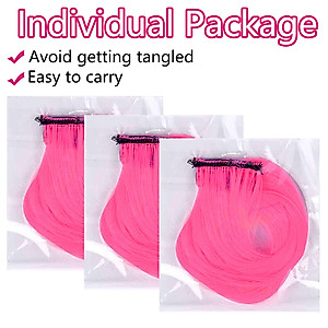 MEckily 12 Pcs Colored Hair Extensions Party Highlights, Curly Wavy Hairpiece Clip in Synthetic Streak for Kids Girls Women 17 inch(Pink)