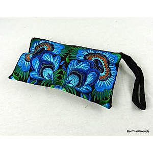 BTP! HMONG Wristlet Clutch Hill Tribe Ethnic Embroidered Bag Hippie Boho Hobo Blue Floral Large HMW1