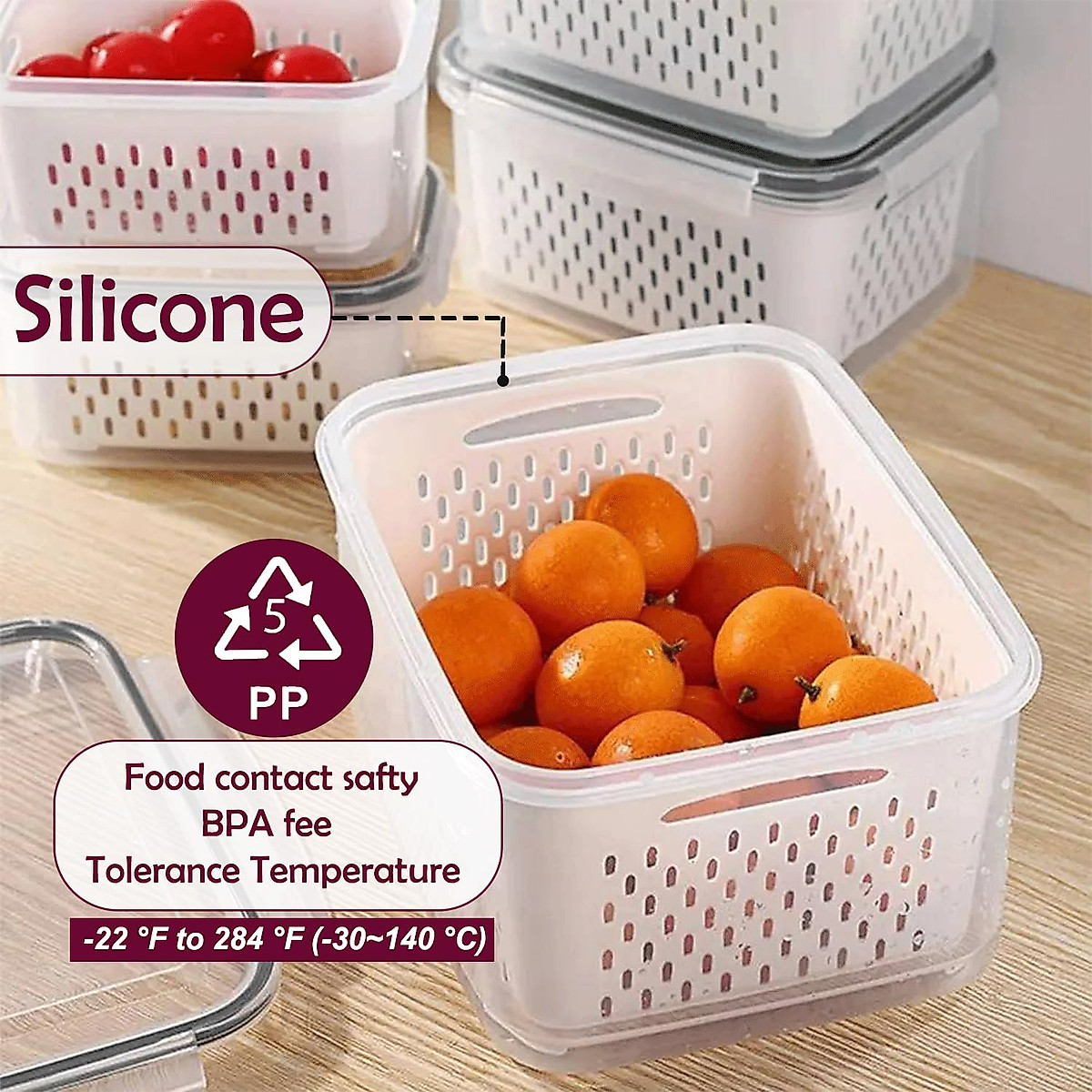 5 PCs Fruit Storage Containers for Fridge, Leakage Proof Fruit Storage Containers with Removable Colanders, Fruit Containers for Fridge with Lid, BPA-Free Produce Containers for Fridge