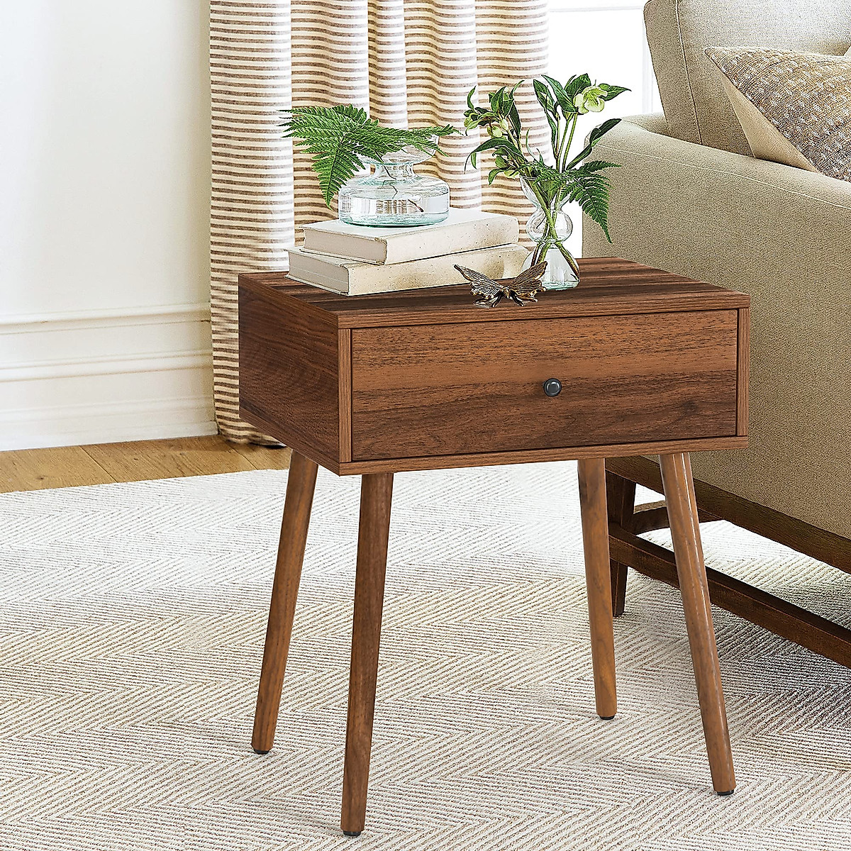 Mazefur Hidden Compartment Nightstands Set of 2, Concealment Furniture Mid Century Bed Side Table with Drawer, Hidden Storage End Table for Bedroom Living Room, Walnut Color