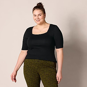 Amazon Essentials Women's Slim-Fit Half Sleeve Square Neck T-Shirt, Black, X-Large