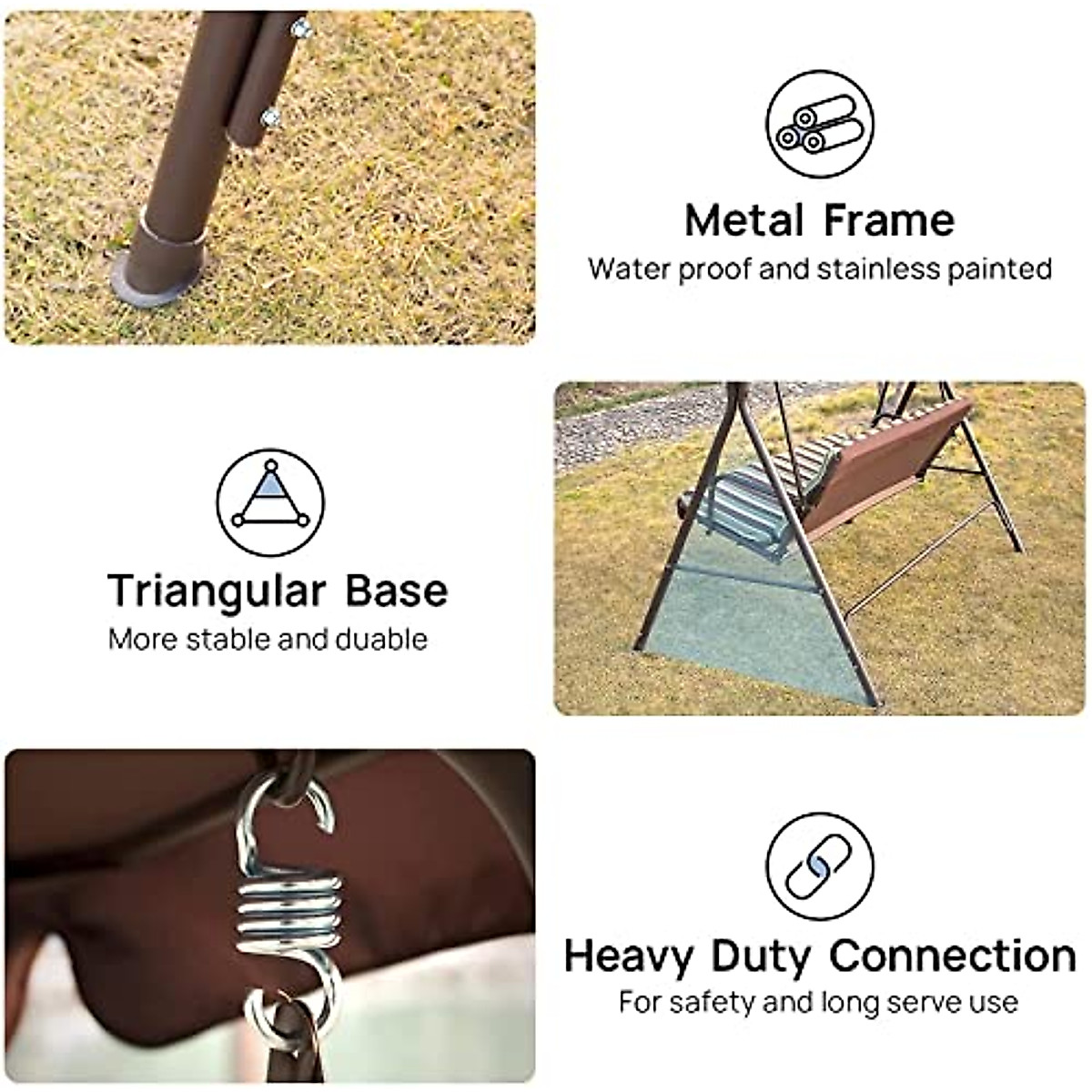 Walsport Outdoor Swing Chairs for Adults Patio Swings with Canopy 3 Person Seating Chair Porch Swing with Stand and Chair Cushion Steel Frame Outdoor Glider Hammock Bench Swing Backyard Furniture