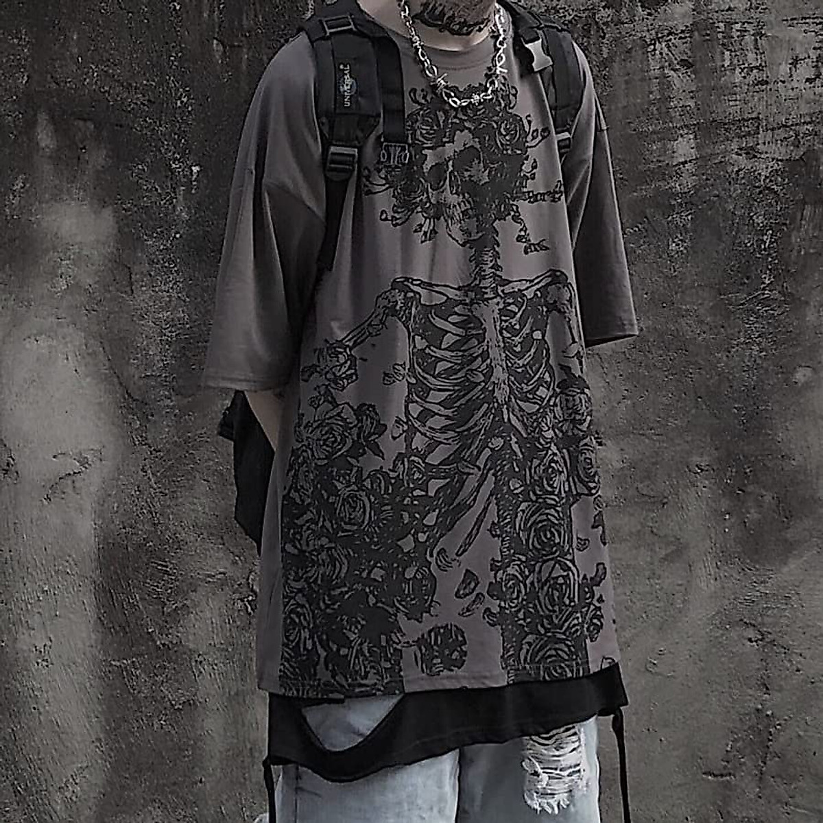 Women Man Y2K Skeleton T-Shirt, Punk Aesthetic Goth Skull Graphic Alternative Grunge Oversized Top Tshirts Streetwear (Gray,4XL,4X-Large)