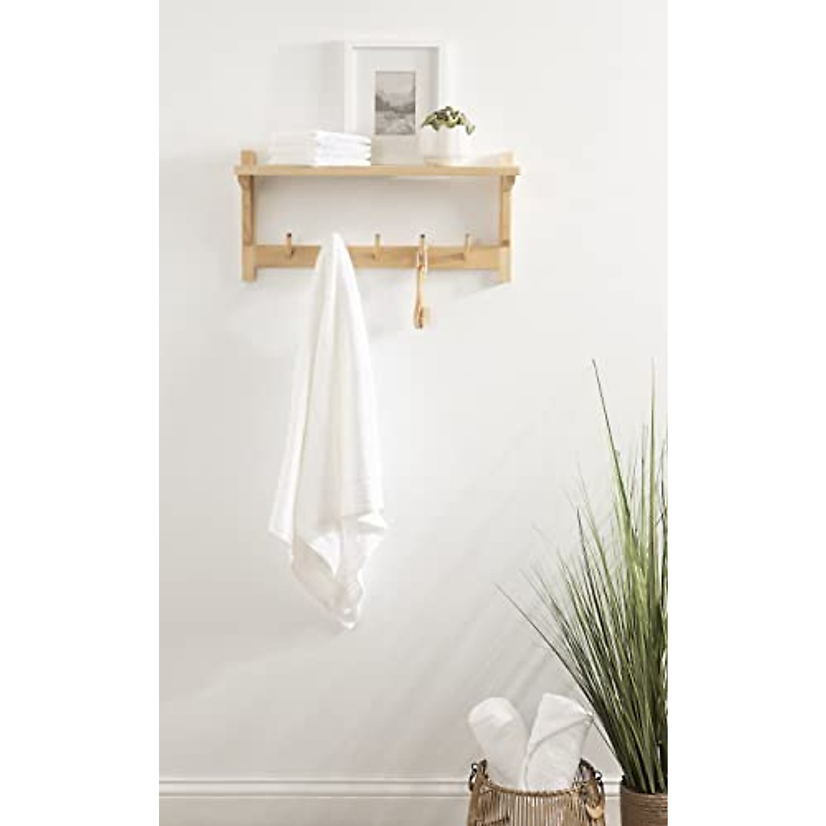Kate and Laurel Meridien Shelf with Hooks, 24x8x12, Natural