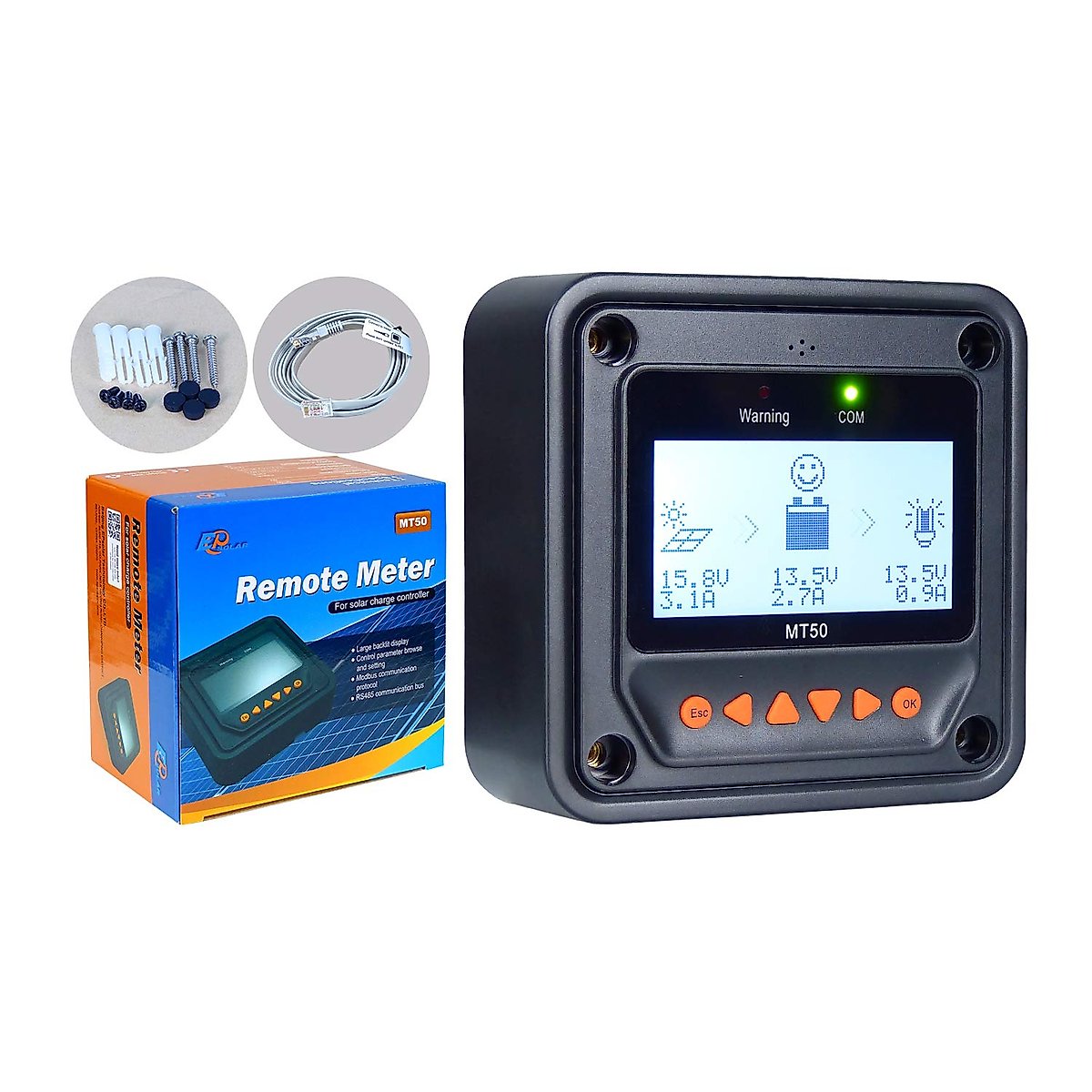 EPEVER MT50 Remote Meter for MPPT Solar Charge Controller 10/20/30/40A,50/60/80/100A LCD Display Monitoring Setting Datas of Solar Panel Battery Regulator System (MT50)