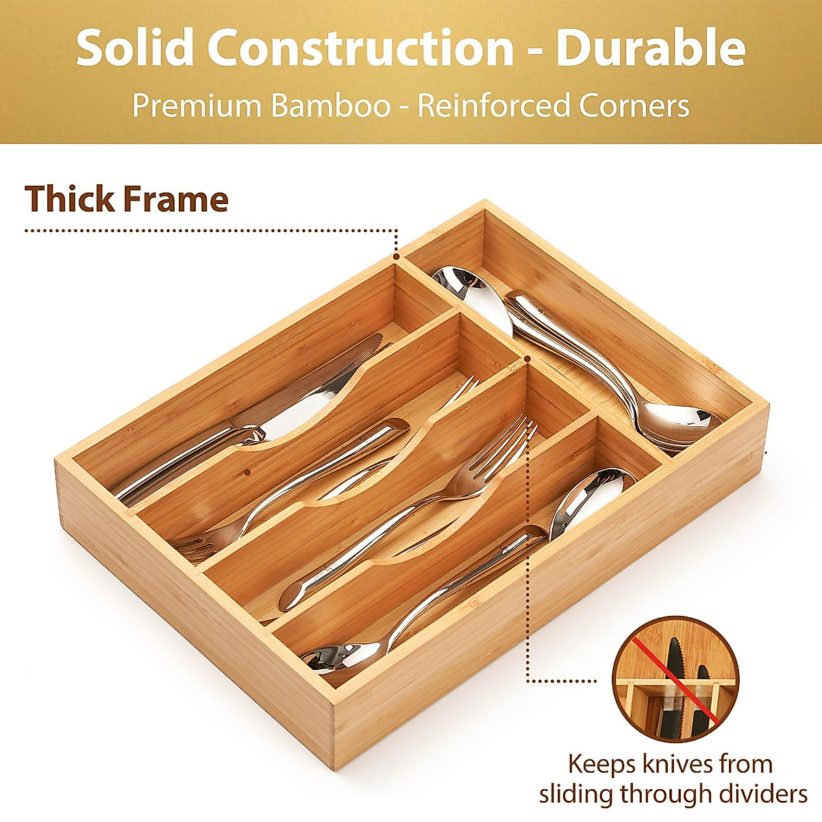 Umilife Bamboo Kitchen Drawer Organizer, 11 Inch Silverware Utensils Tray Holder with Grooved Dividers, 2.4" High Wood Caddy for Flatware Cutlery Knives