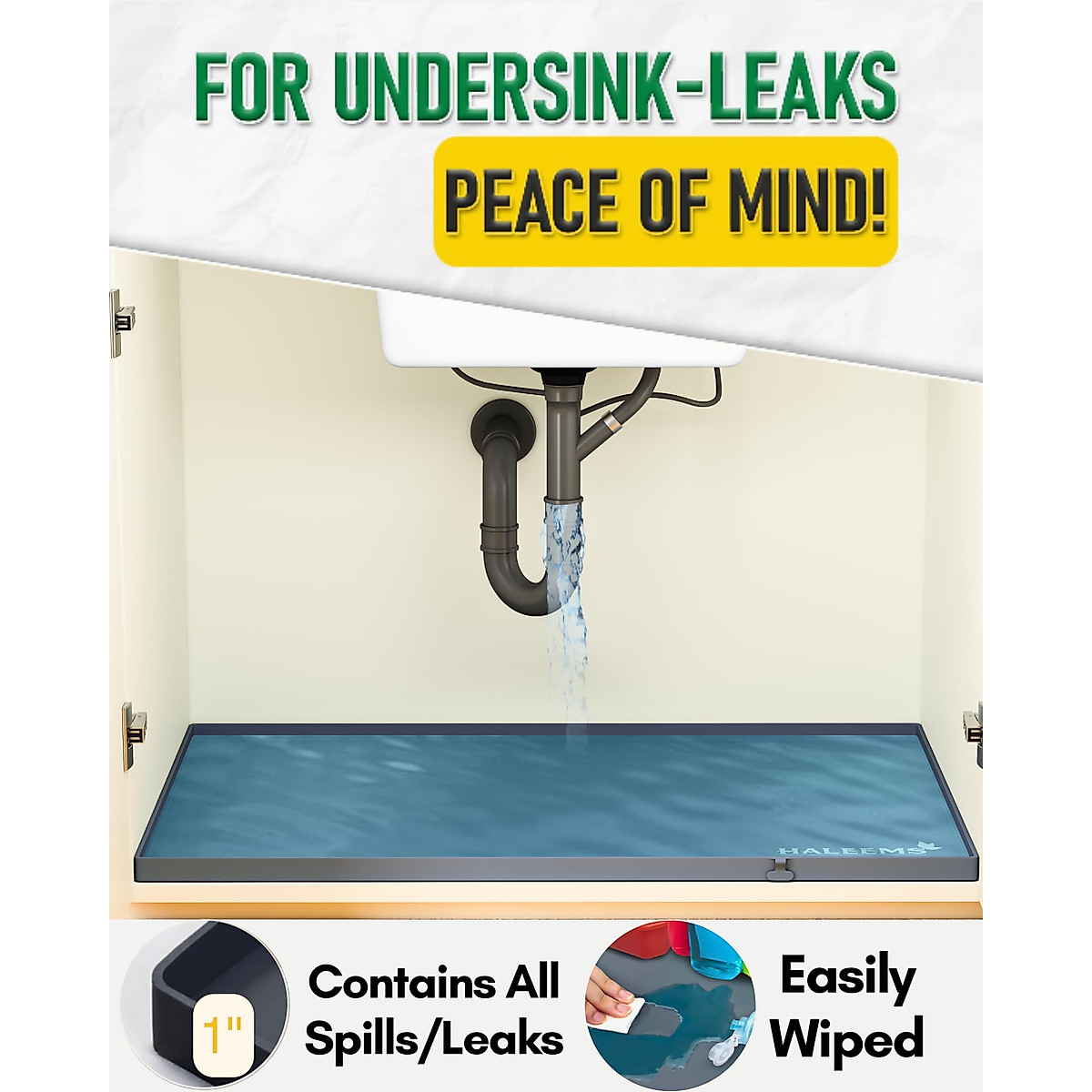 HALEEMS Under Sink Mat with Unique Drain Hole Design - Silicone 34'' X 22'' Under Sink Mats for Bottom of Kitchen Sink - Kitchen Cabinet Mats Hold up to 3 Gallons Liquid, Protector Tray, Easy to Clean