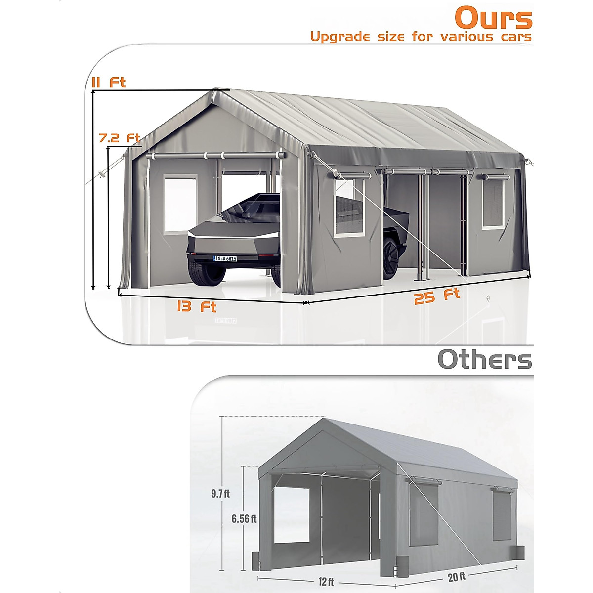GarveeLife 13'x25'x11' Carport Oversized, Portable Garage with 180g PE Tarps, 19 Gauge Poles, 6 Roll-up Doors, and 4 Mesh Windows, Suitable for Full-Size Pickups Bass Boats, Tractors, and SUVs, Gray
