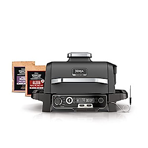 Ninja OG751 Woodfire Pro Outdoor Grill & Smoker with Built-In Thermometer, 7-in-1 Master Grill, BBQ Smoker, Air Fryer, Bake, Roast, Dehydrate, Broil, Ninja Woodfire Pellets, Portable, Electric, Grey