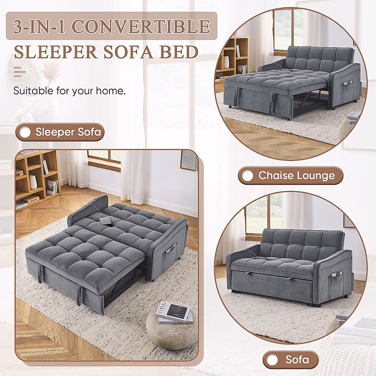 JEEOHEY 3 in 1 Convertible Sleeper Sofa Bed,52" Modern Velvet Pull Out Couch Bed with USB&Type-C Charging Ports,Futon Tufted Love Seat with Adjustable Backrest for Living Room,Office,Bedroom(Grey)