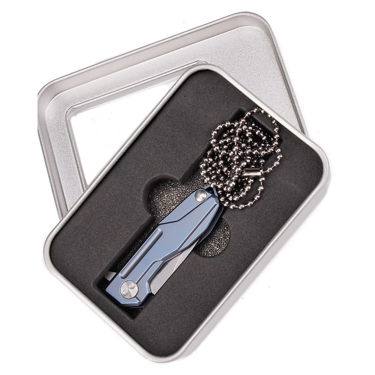 Samior HY002 Ultra Small Little Folding Pocket Flipper Knife, 1.3” D2 Damascus Blade, Blue Titanium Handle with Frame Lock, Mini EDC Keychain Necklace Knives (Blue)