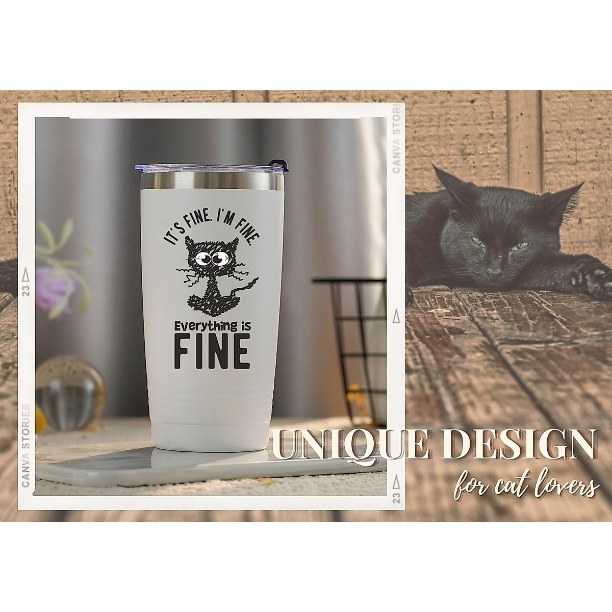 Onebttl Cat Gifts for Cat Lovers, Insulated Stainless Steel Tumblers with Lids and Straws, Funny gifts for Cat Mom, Dad on Birthday, Christmas, 20 oz, White, I'm Fine