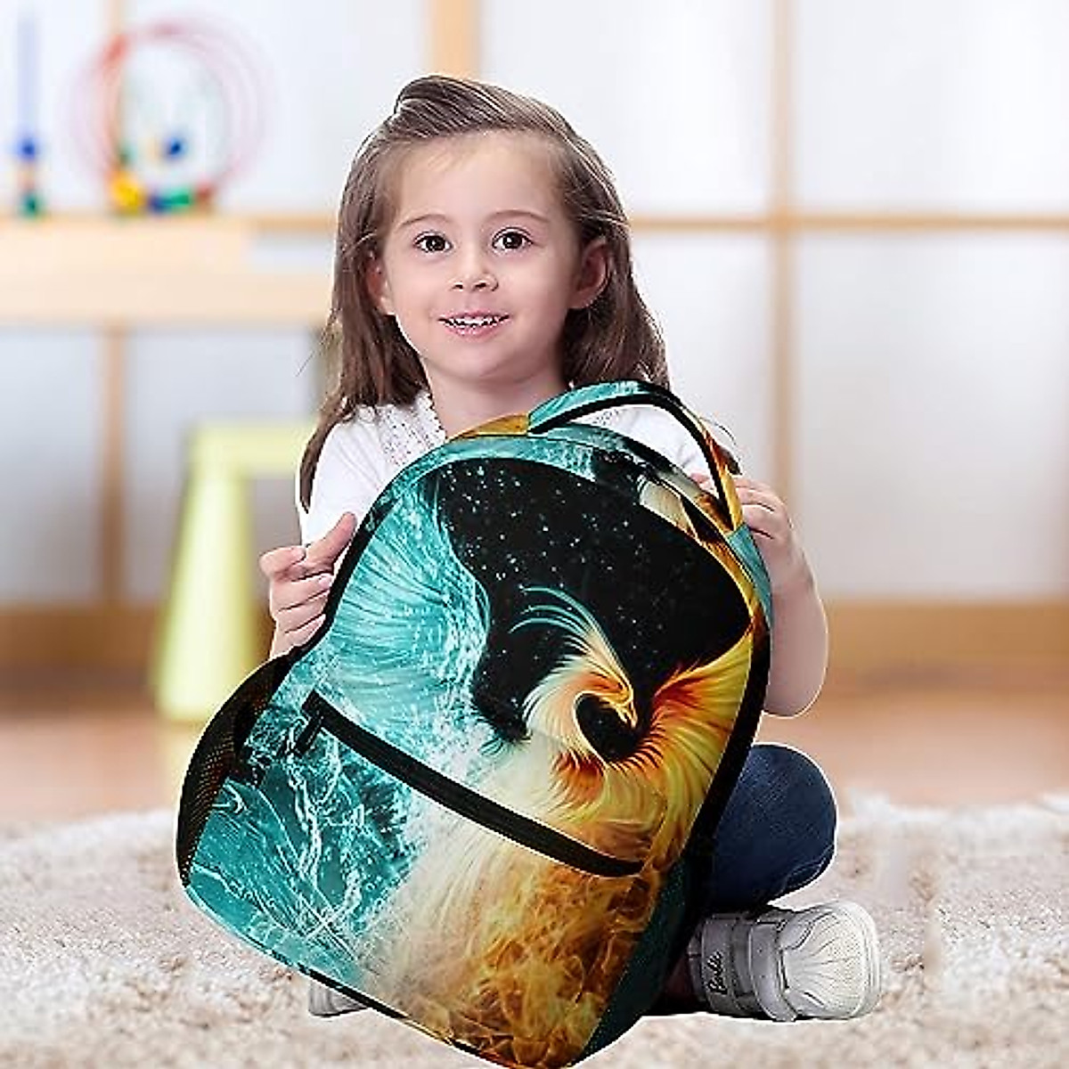 Supdreamc Lightweight Daypack Bookbag for Trekking Business Walking Cycling - Big Capacity Anti-Theft Multipurpose Carry On Bag, Ice Water Fire Flame Phoenix Bird Art Business Computer Bag