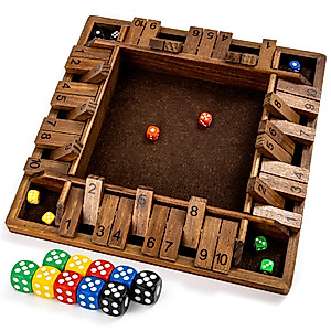 ropoda 14 Inches 4-Way Shut The Box Dice Board Game (2-4 Players) for Kids & Adults [4 Sided Large Wooden Board Game, 8 Dice + Shut-The-Box Rules] Smart Game for Learning Addition – Vintage Style