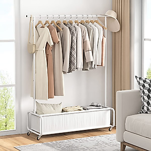 Boeeoan Clothes Rack With Large Storage Bag, Clothes Organizer Stand on Wheels, Garment Rack, Rolling Clothes Storage Cart, Coat Rack, for Bedroom, Laundry Room, Living-room, White