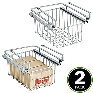 mDesign Metal Wire Extra Small Hanging Basket Pullout Drawer w/Handle; Sliding Under Shelf Storage Organizer Rack for Kitchen, Cabinet, Pantry; Attaches to Shelves, Easy Install - 2 Pack - Silver