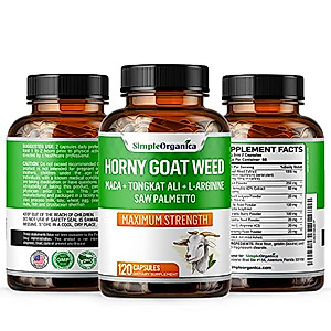 Simple Organica Horny Goat Weed for Men and Women - 120 Capsules, with Maca Root, Tongkat Ali, Saw Palmetto, L-Arginine. Energy, Stamina, Strength, Endurance, Joint Health - Non-GMO Formula