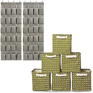 EZOWare Bundle Kit 6 Pcs Foldable Storage Bin Cubes + 2 Pcs EZOWare 24 Large Pockets Over The Door Hanging Organizer for Bathroom Toys Nursery Kids Toddlers Home