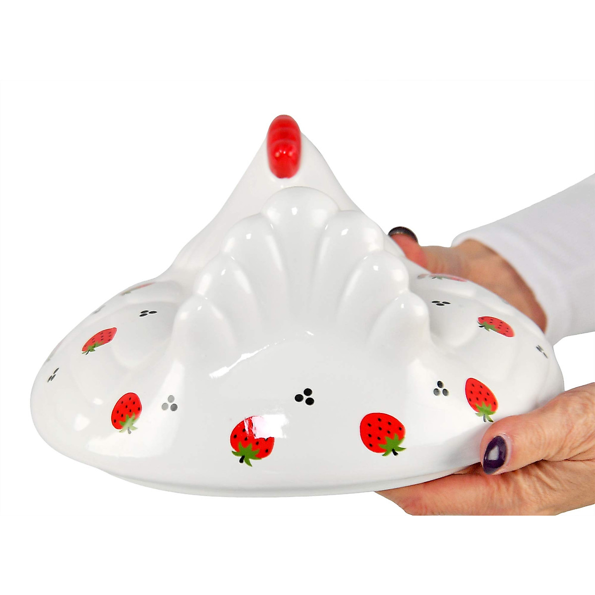 HOME-X Chicken Egg Basket for Egg Storage, Ceramic and Iron Decorative Basket with Chicken Design, Farmhouse Kitchen Decor, Holds 20–25 Eggs, Strawberry Print