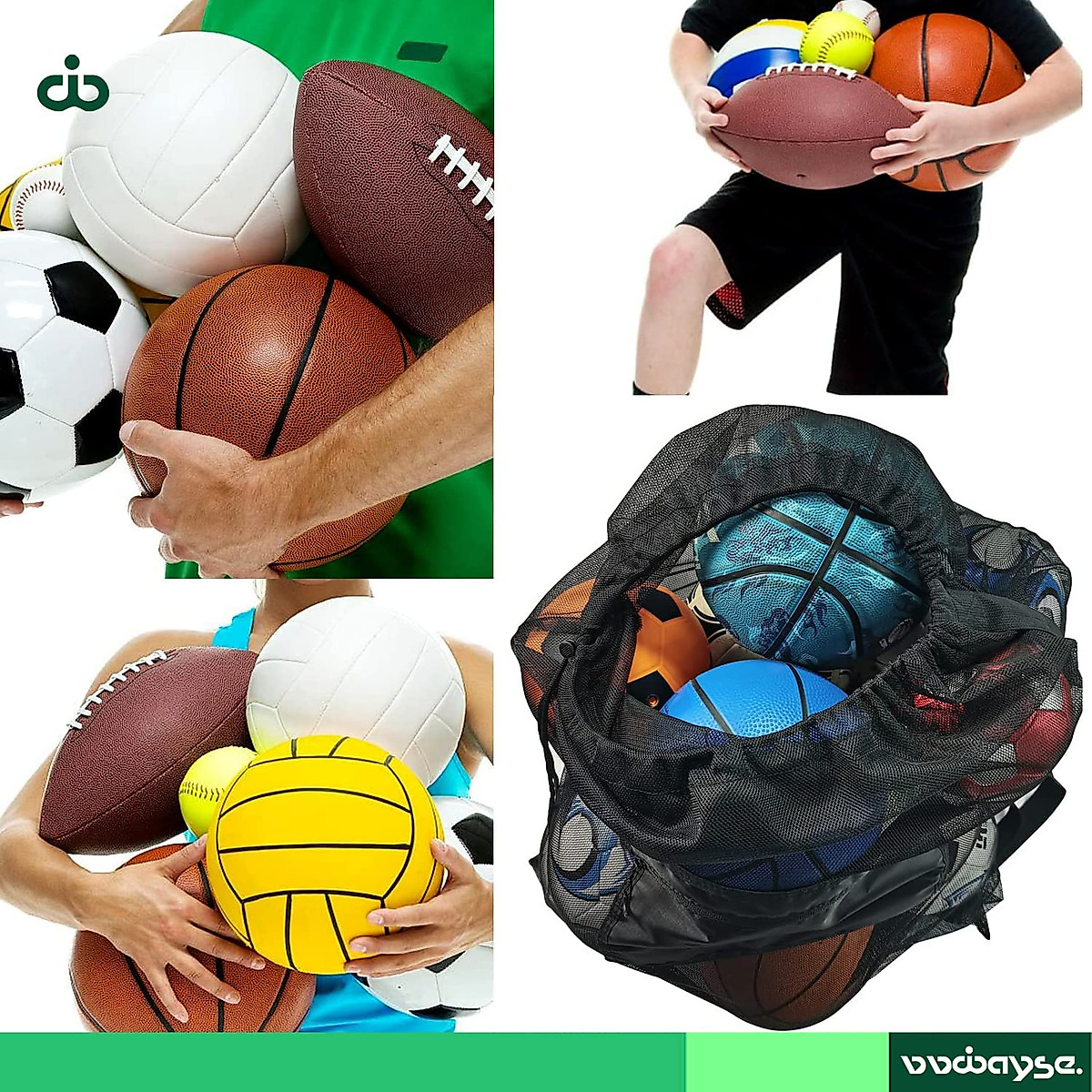VVWAYSE Ball Storage Mesh Soccer Ball Bag Holder Heavy Duty Drawstring Bags Team Work for Basketball, Volleyball, Baseball, Swimming Gear With Shoulder Strap, Large Mesh Bags With Zipper