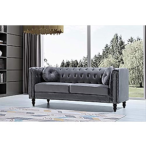 US Pride Furniture Modern Style High Density Foam Cool Grey Velvet Rolled Arm Chesterfield Living Room Removable Cushion & Solid Wood Legs (S5608-5613) Sofas