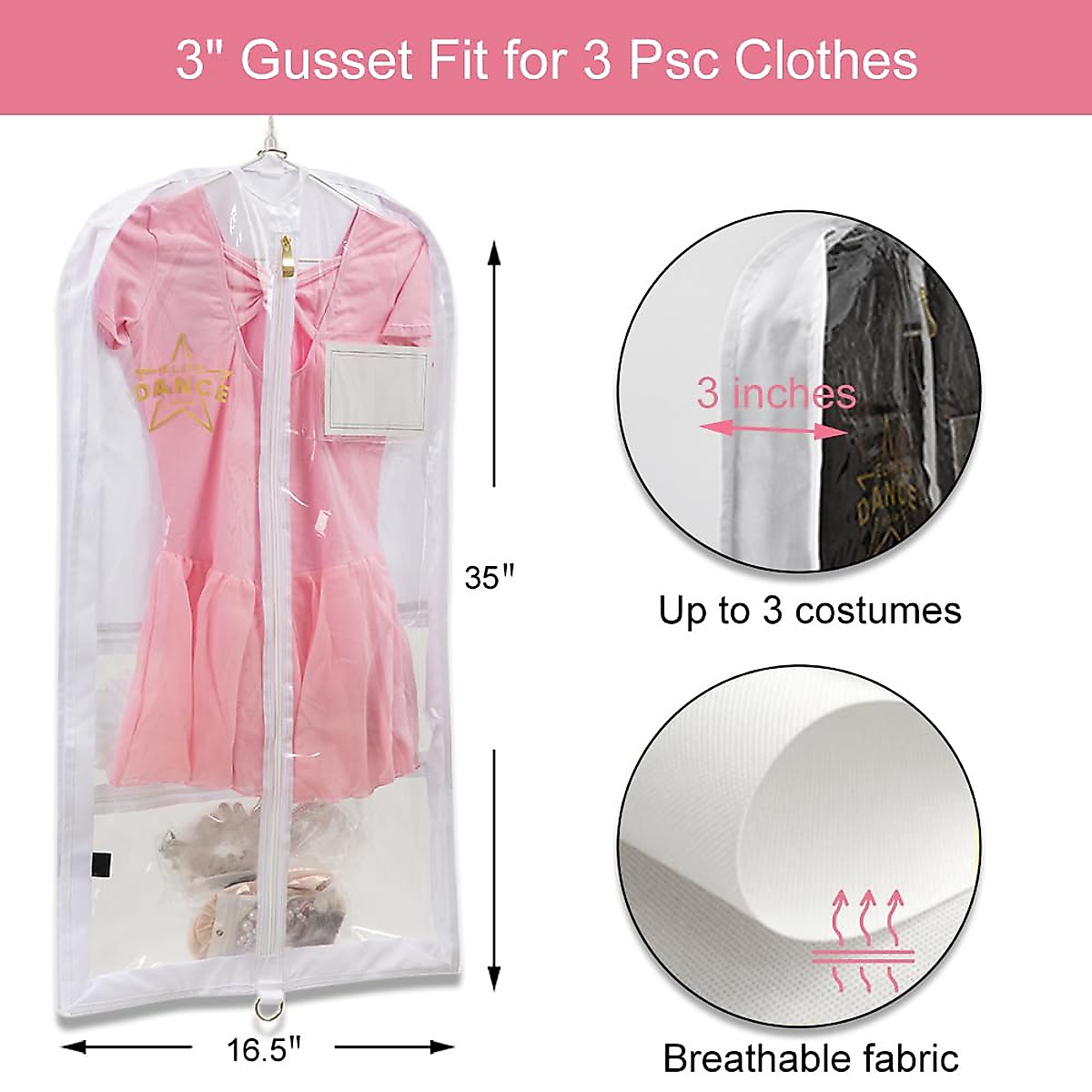 Elite Dance Gear 35" Clear Garment Bag With 3 Zipper Pockets for Suits Dress Cover, Travel & Competitions Protector, Dance Costumes, Girls Dress Recital Outfit Organizer, 3 packs, White