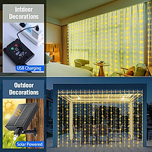 Upgraded Solar Curtain Lights, 300 LED Outdoor Waterproof Solar Powered Waterfall String Lights for Patio Gazebo Backdrop Garden with USB Rechargeable Remote Hanging Twinkle Curtain Fairy Lights