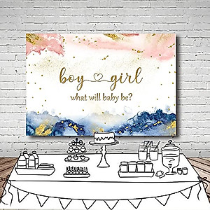 MEHOFOND 7x5ft Gender Reveal Backdrop Boy Or Girl Photography Background Watercolor Pastel Clouds Rose Gold and Royal Blue He Or She Pregnancy Reveal Surprise Party Banner Photo Studio