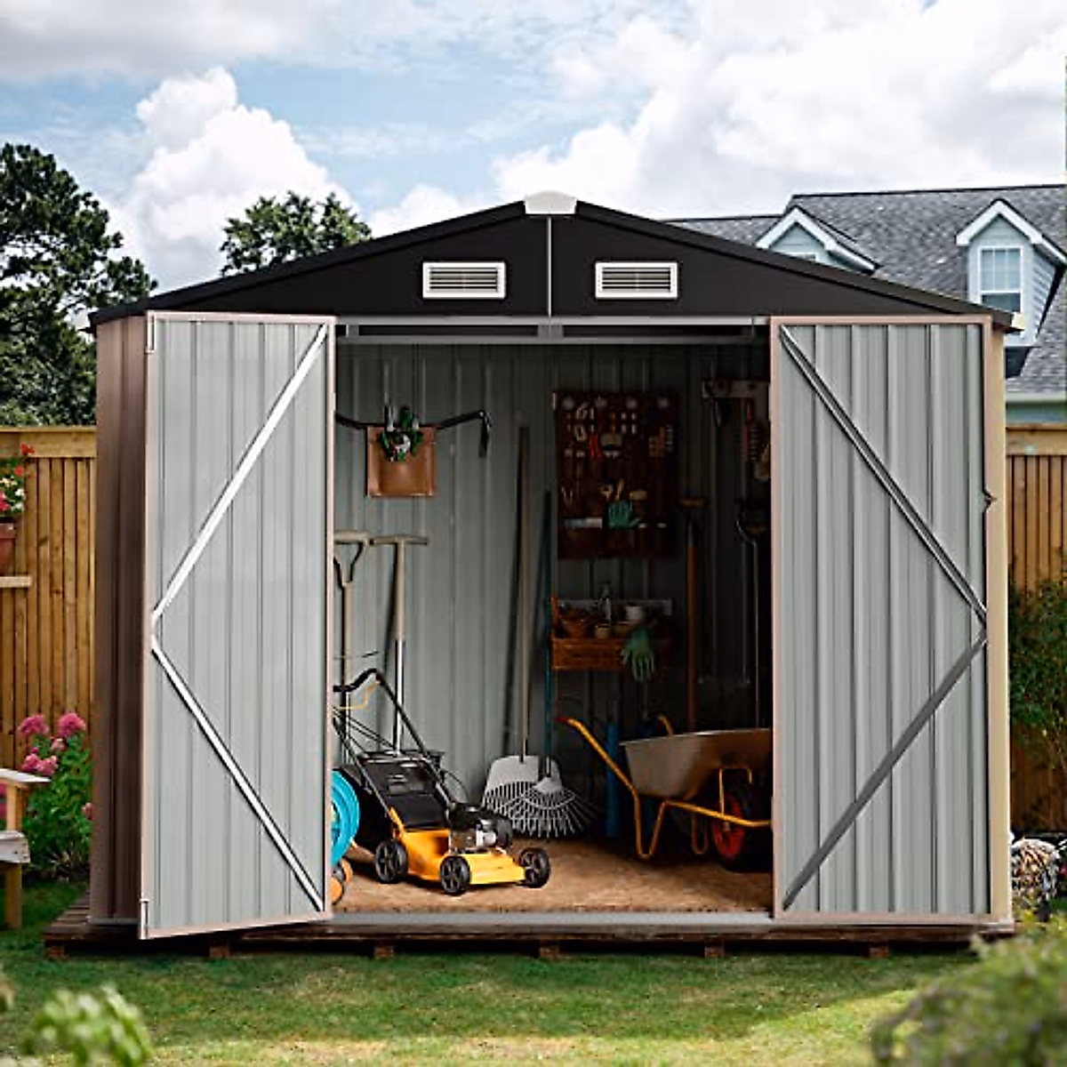 Aoxun Outdoor Storage Shed Waterproof, 4X 6FT and Garden Shed for Bike, Garbage Can, Tool, Lawnmower, Outdoor Metal Shed for Backyard, Patio, Brown