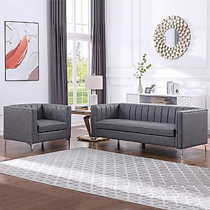 Morden Fort Living Room Chair and Sofa Couch Set, 2 Pieces of Modern Minimalist Upholstered Faux Leather Furniture with Metal Legs for Bedroom, Apartment, Lounge Room Grey