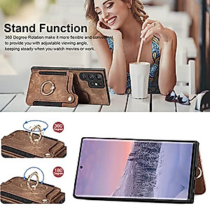 S22 Ultra Case,Card Holder Wallet for Galaxy S22 Ultra Case,Ring Holder Stand,RFID-Blocking,Wrist Strap,Camera Protector,Leather Protective Magnetic Flip Cover for Samsung S22 Ultra Case (Brown)