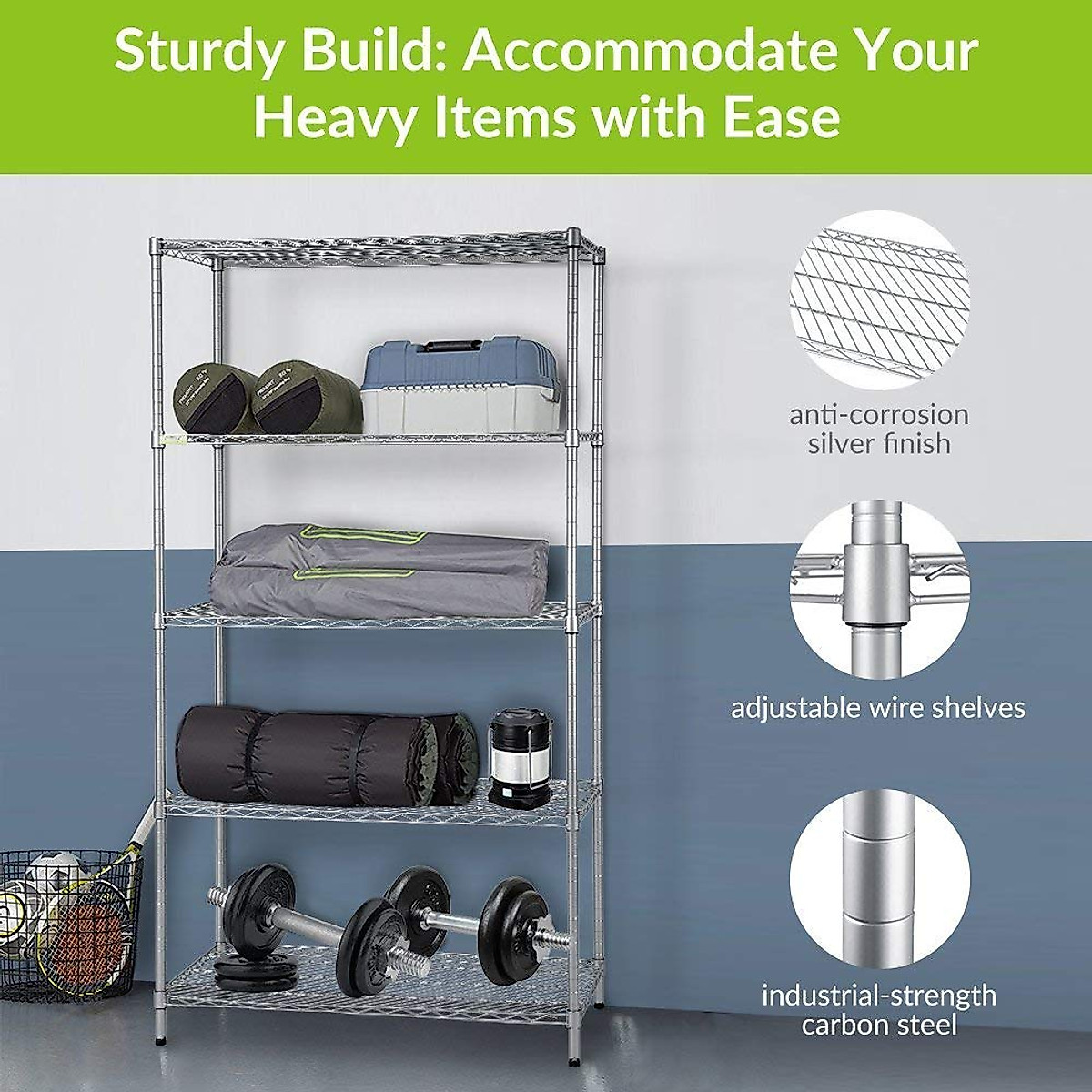 5-Tier Wire Shelving Unit, Adjustable Steel Storage Shelves 35.4" D x 17.7" W x 66.9" H, Commercial Storage Organisation Rack Heavy Duty Steel Shelving for Kitchen Bedroom Bathroom Office Garage