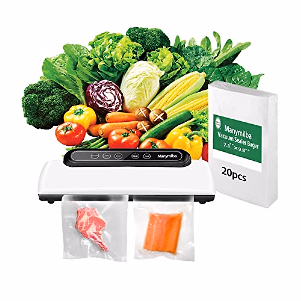 Vacuum sealer machine with 20pcs vacuum sealer bags, Manymiba 100W 60Kpa Powerful Dry/Moist/Liquid food saver vacuum sealer machine, food vacuum sealer machine, food sealer vacuum sealers