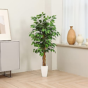 Kazeila Artificial Ficus Tree 4FT Tall Faux Silk Plant with White Taper Planter Fake Greenery Potted Plant for Home Office Decor Indoor