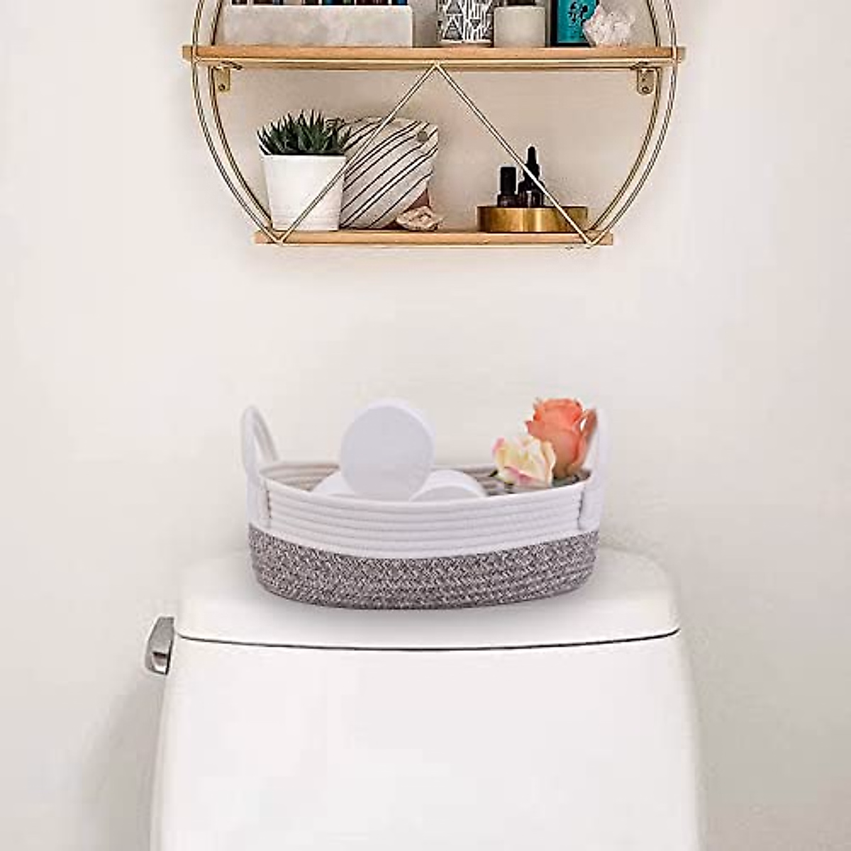 DIY Woven Storage Basket for Toilet Tank Top, Cotton Rope Organizing Basket for Bathroom Farmhouse Home Decor,Table, Paper and Counter 13.2"x6"x4.1" (White With Beige)
