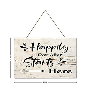 Wooden Signs, Rustic Happily Ever After Starts Here Sign Plaque Pianted Quote Home Decor Farmhouse Garden Outdoor Wall Art 10"X16", Made in USA #339