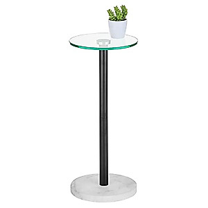mDesign Glass Top Side/End Drink Table - Small Modern Round Accent Metal Nightstand Furniture for Living Room, Dorm, Home Office, and Bedroom - 9" Round - Clear/Matte Black/White Marble Print