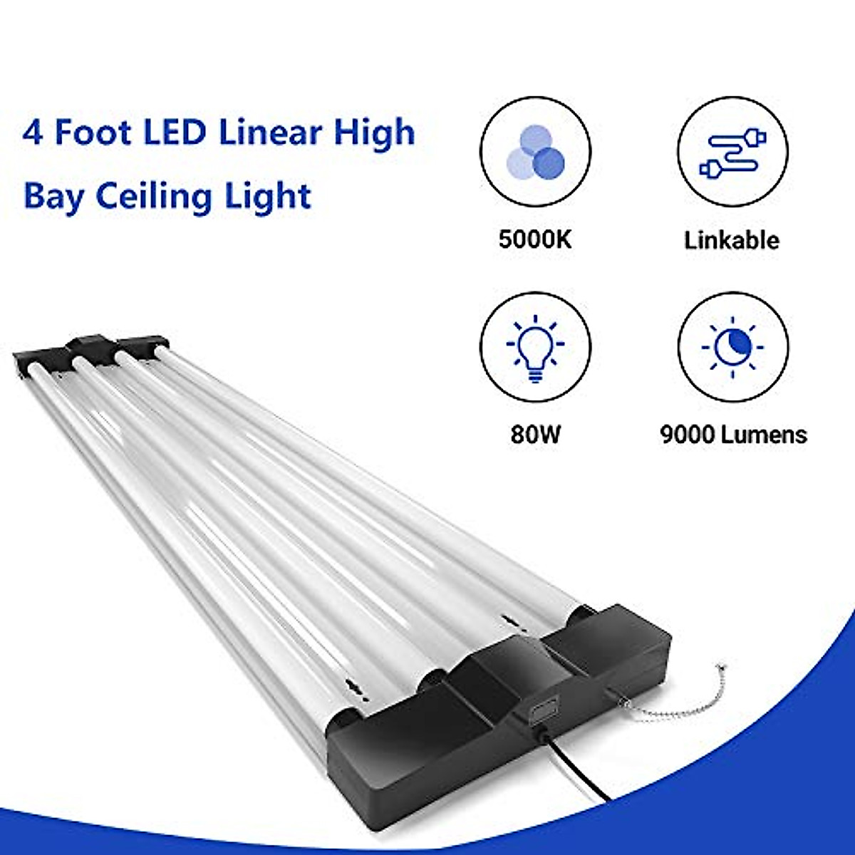 FAITHSAIL Linkable 4FT LED Low Bay Shop Light, 48 Inch 5000K Daylight Utility Shop Light for Workshop, 4 Lamp 80W 9000lm, 250W Fluorescent Equivalent, Linear Hanging Lights Fixture, 1 Pack