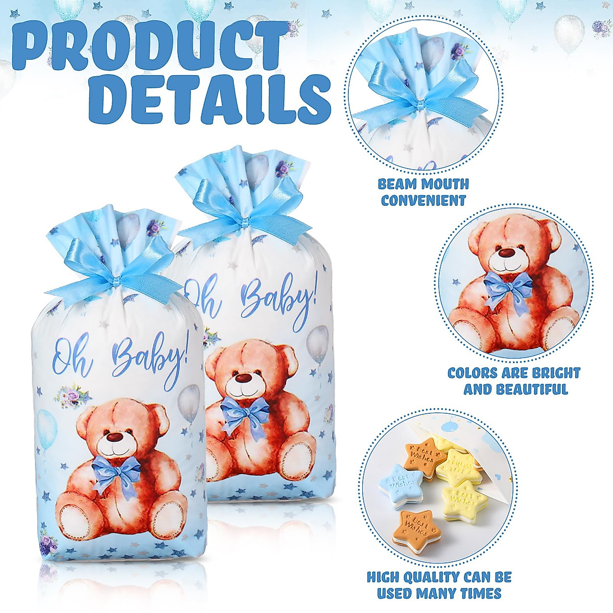 Chiisong 50 Pcs Baby Shower Treat Bags with Bow Plastic Baby Drawstring Candy Goodie Bags Baby Shower Party Favor Gift Bags for Boy Girl Birthday Gender Reveal Party 9 x 6 x 2 Inch(Bear)