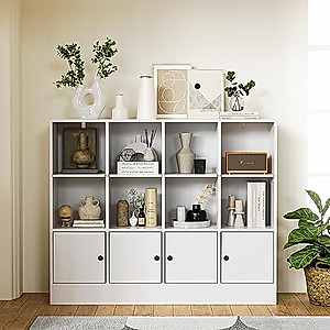 Anystyle White 12 Cube Bookshelf, 3-Tier Bookcase Storage Cabinet with 4 Doors for Bedroom, Living Room