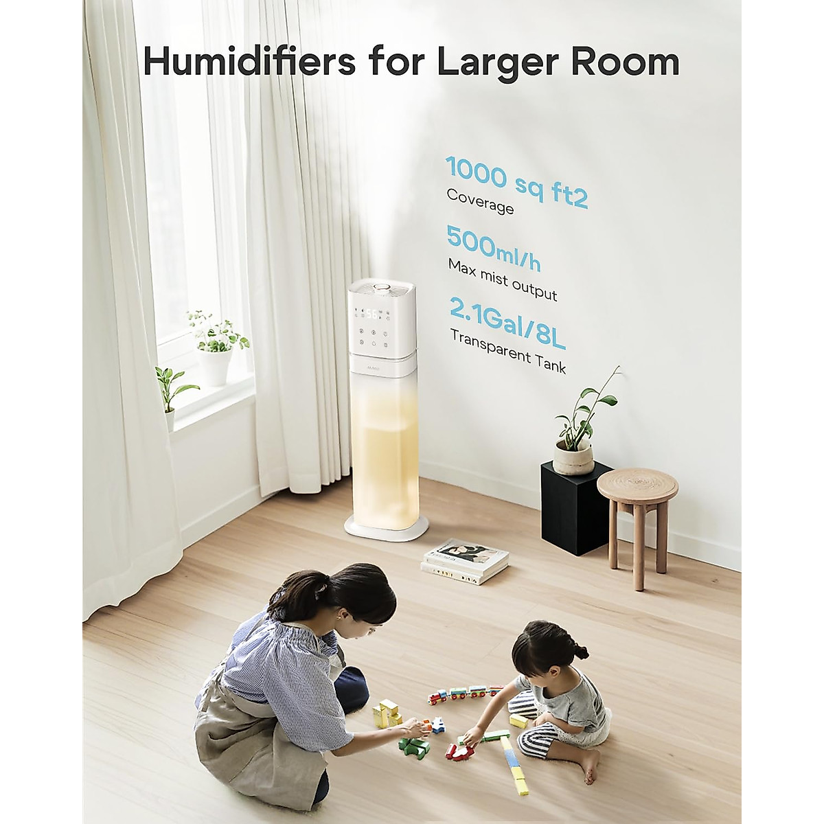 AILINKE Humidifier Large Room, 2.1Gal/8L Humidifiers for Bedroom with Extended Tube, Large Humidifiers 1000 sq.ft. Whole House Cool Mist Humidifier with Night Light, School/Office/Warehouse, White